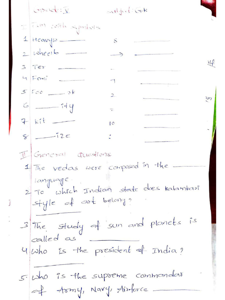 Grade-5 G. K Worksheet | PDF