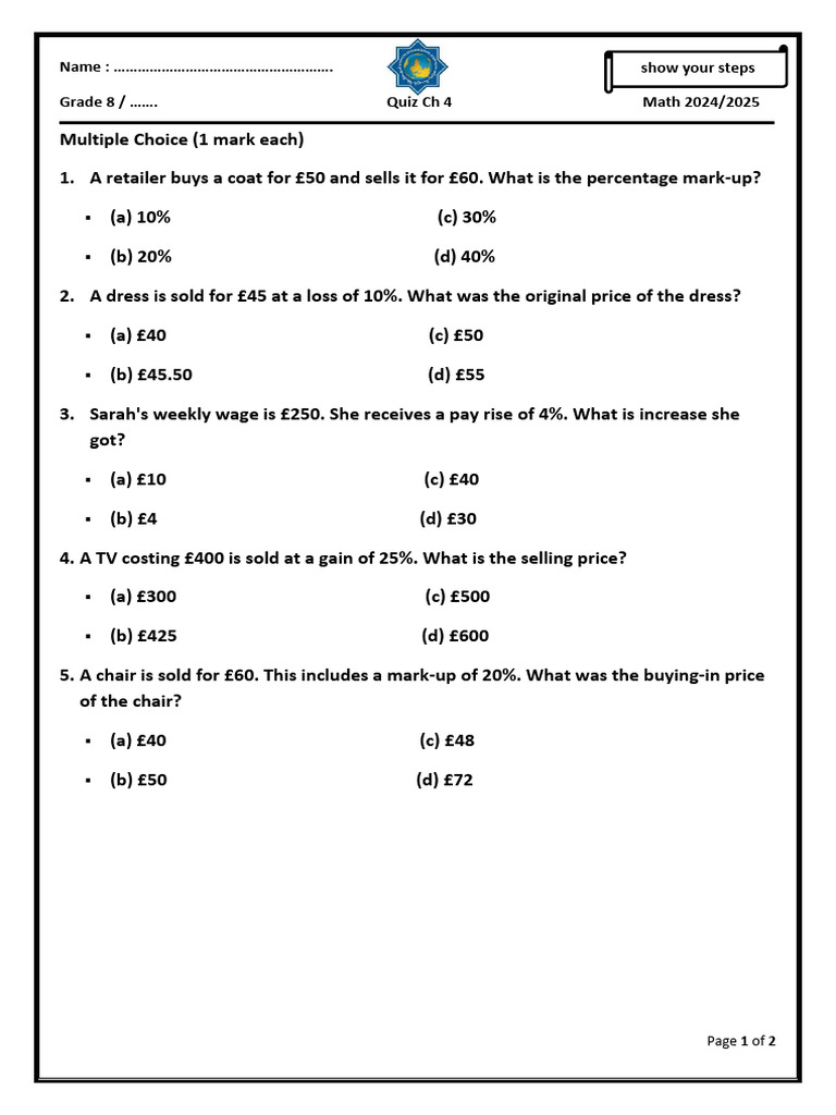 Grade 8 Math Quiz: Profit & Loss Concepts | PDF