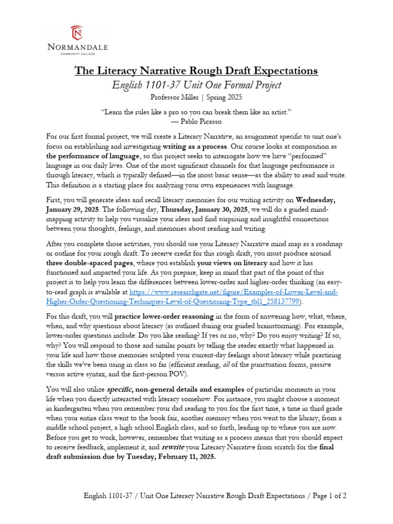 Sp25 English 1101-37_Literacy Narrative Rough Draft Expectations ...