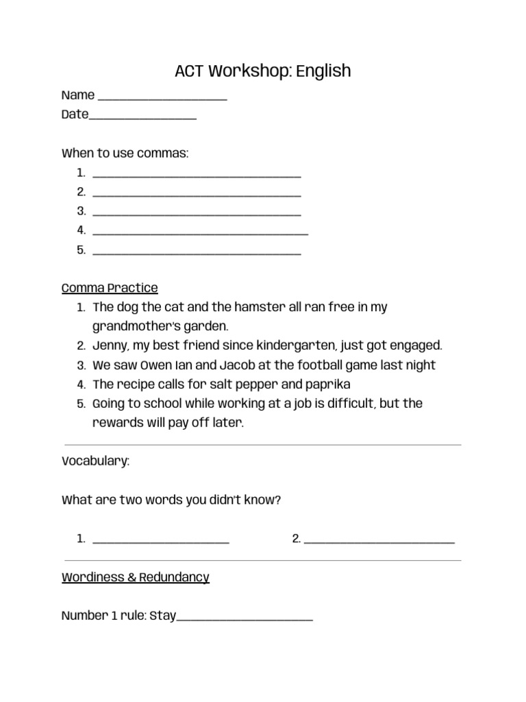 Comma and Grammar Workshop Guide | PDF