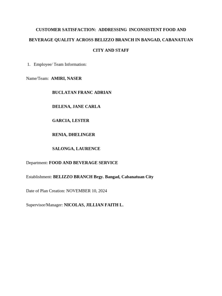 CUSTOMER SATISFACTION INTERMS OF INCONSISTENT FOOD AND BEVERAGE QUALITY ...