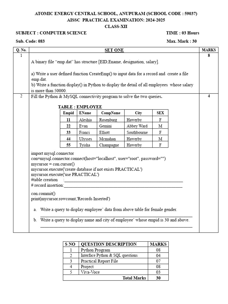 Aecs Anu Cs Prac QP 2025 | PDF | My Sql | Databases