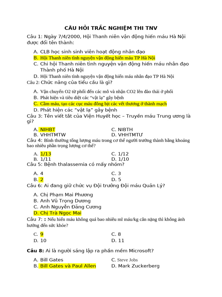 CÂU HỎI TRẮC NGHIỆM THI TNV | PDF