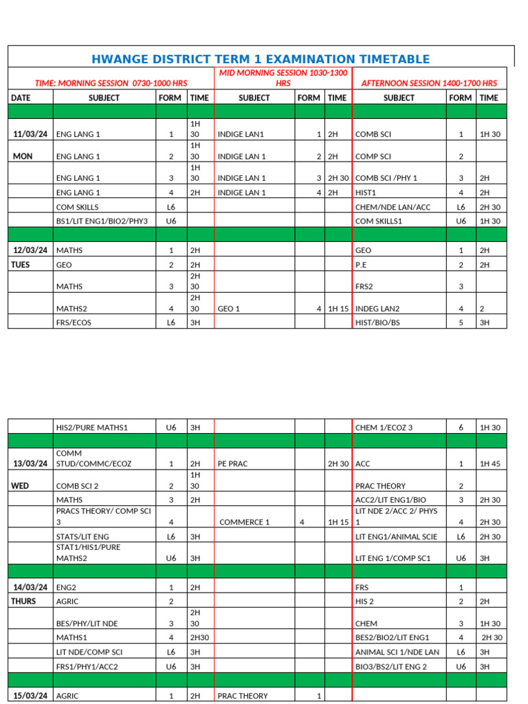 Hwange District Term 1 Examination Timetable | PDF