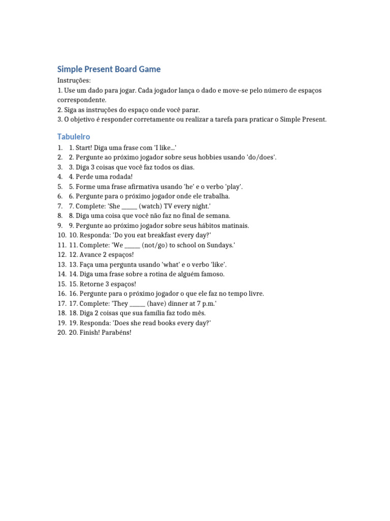 Simple Present Board Game | PDF