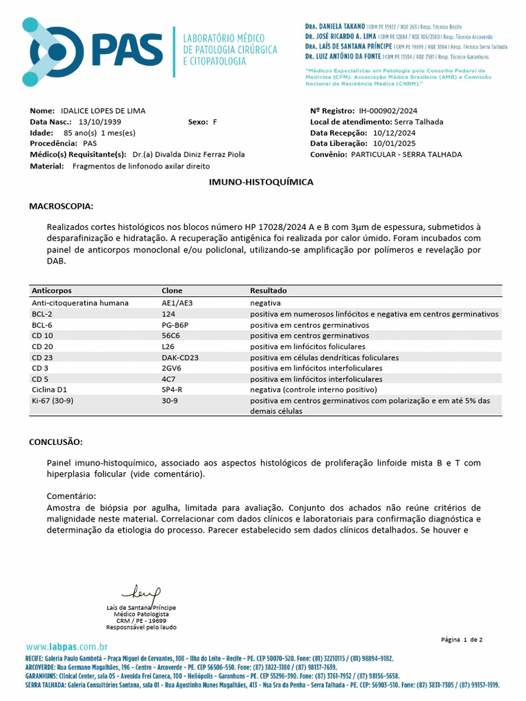 Laudo 11 01 2025 250111 120325 | PDF | Imuno-histoquímica | Especialidades médicas