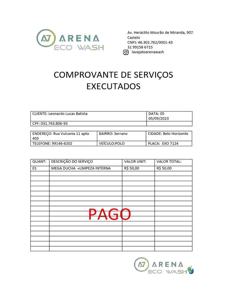 Recibo Arena Eco Wash Leonardo 05-09 | PDF