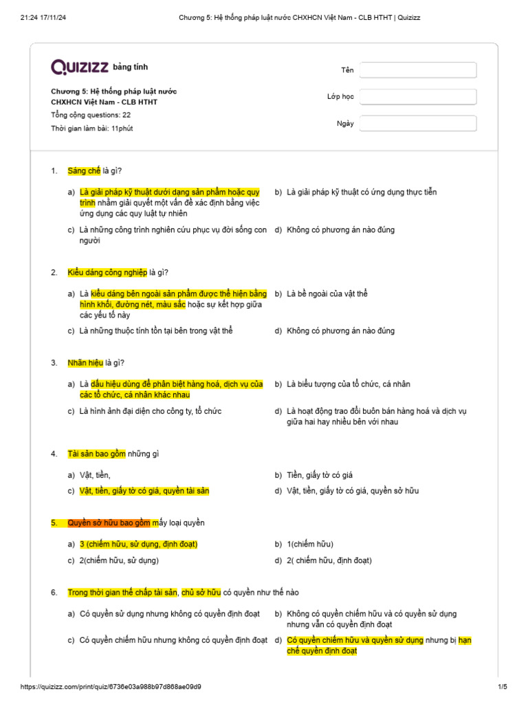 Chương 5 - Hệ thống pháp luật nước CHXHCN Việt Nam - CLB HTHT - Quizizz | PDF