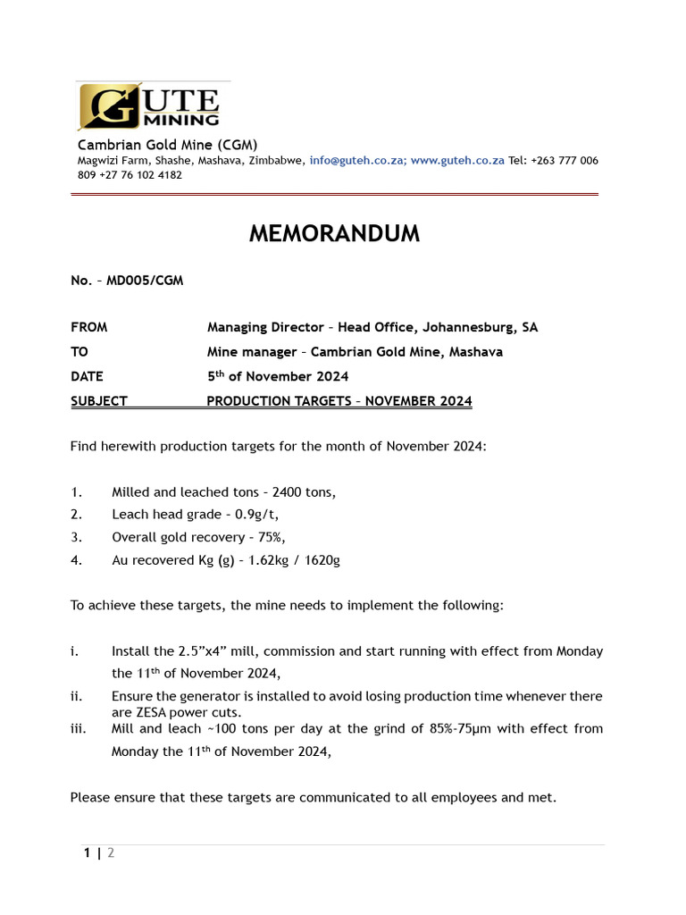 Memorandum CGM 004 - Production Targets | PDF