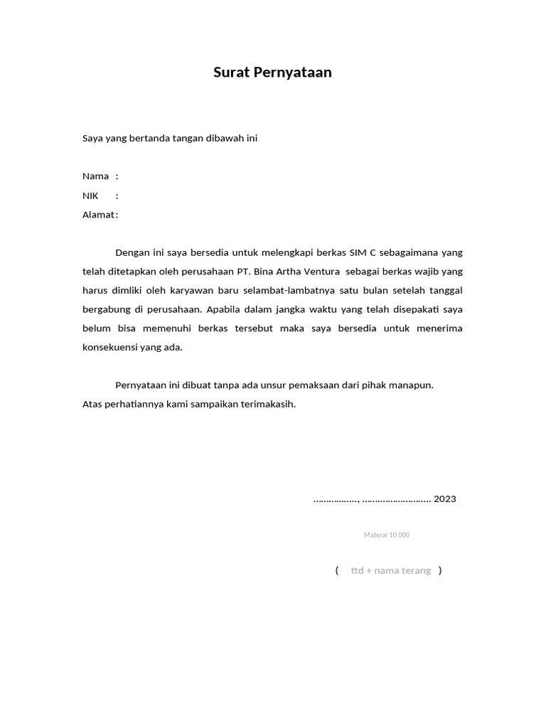 Surat Pernyataan Deviasi SIM C | PDF