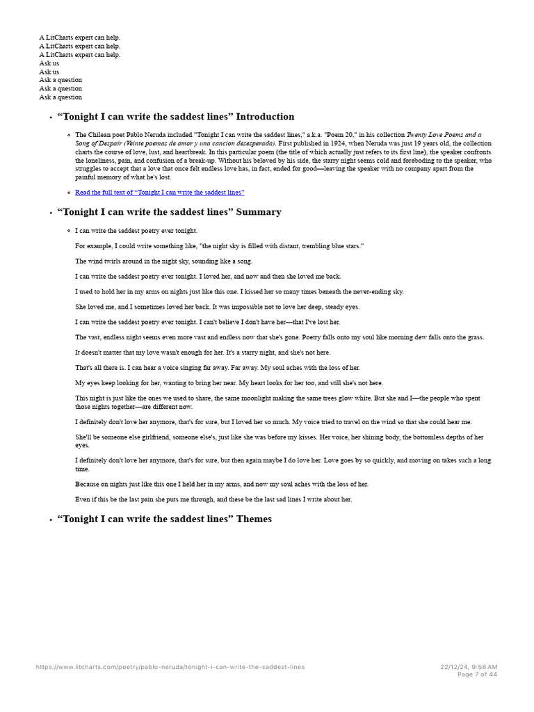 Tonight I Can Write The Saddest Lines Poem Summary and Analysis ...