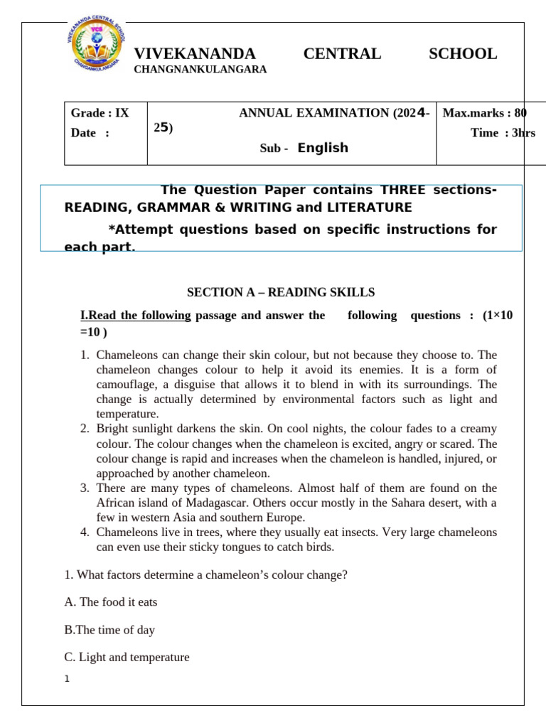 9th English Annual Exam Paper 2024-25 | PDF | Predation | Friendship