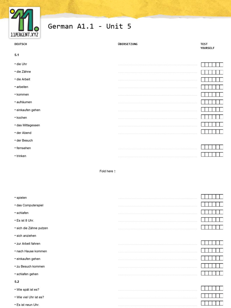 German A1.1 Vocabulary Sheet Unit 5 | PDF