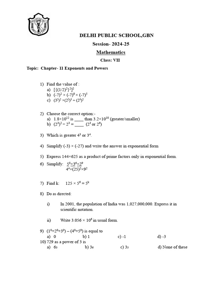 Class VII Math: Exponents & Powers Guide | PDF