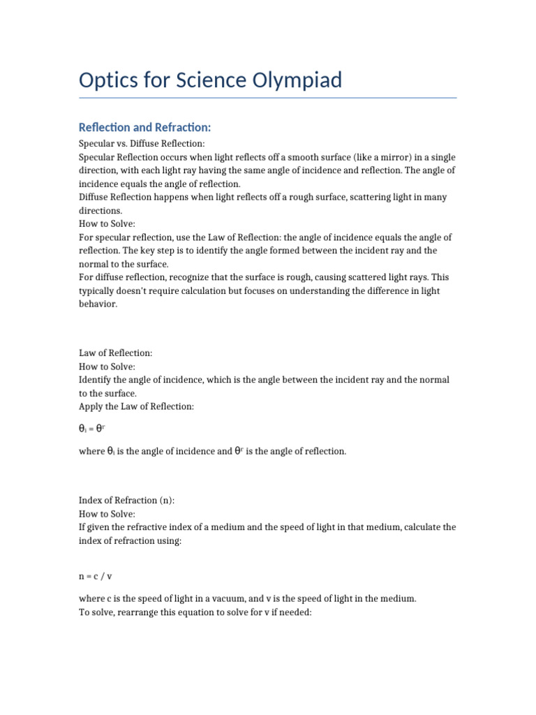 Optics Study Guide for Science Olympiad | PDF | Refractive Index ...