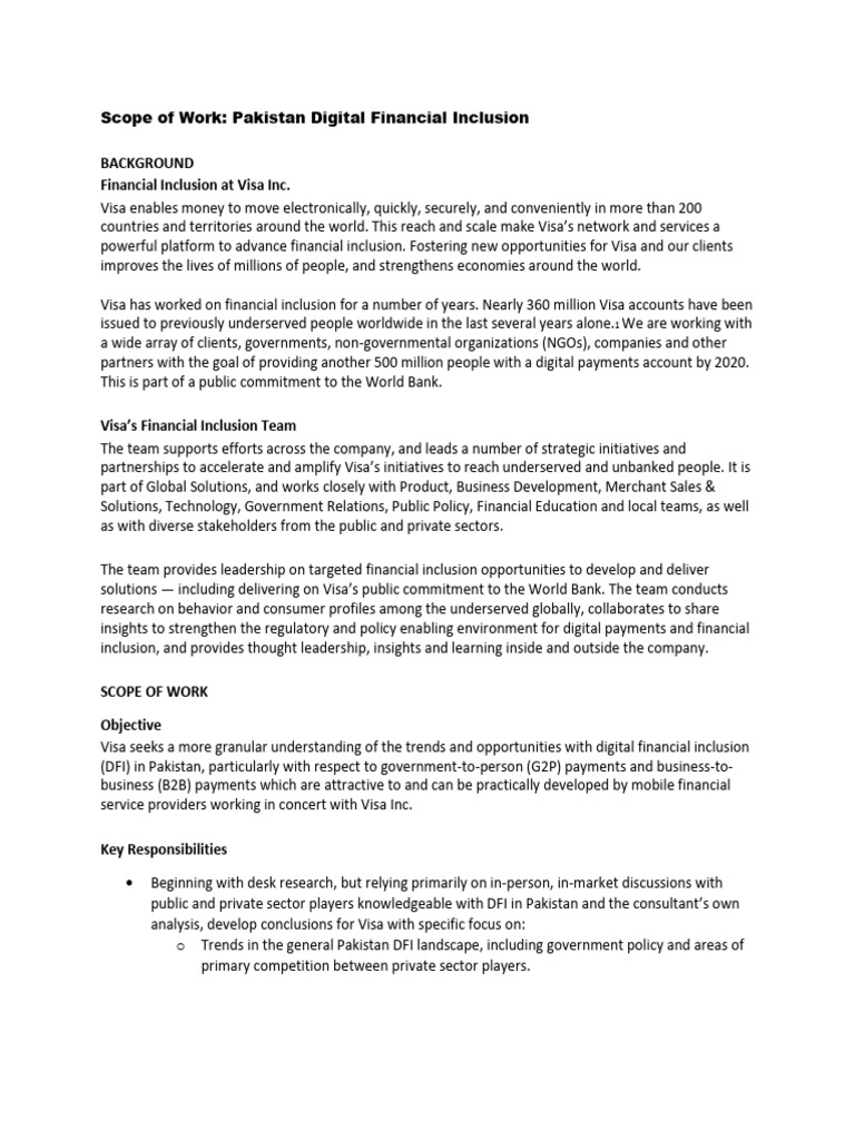 Pakistan Consultant SOW - draft | PDF | Financial Inclusion | Visa Inc.