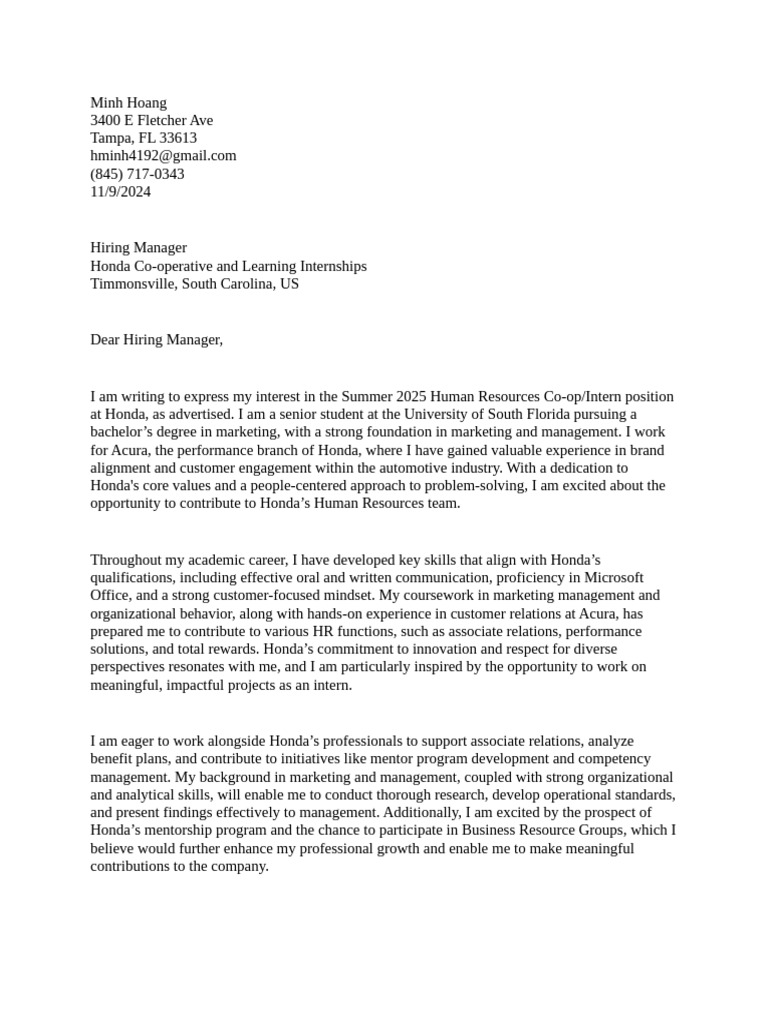 Cover Letter for Honda | PDF