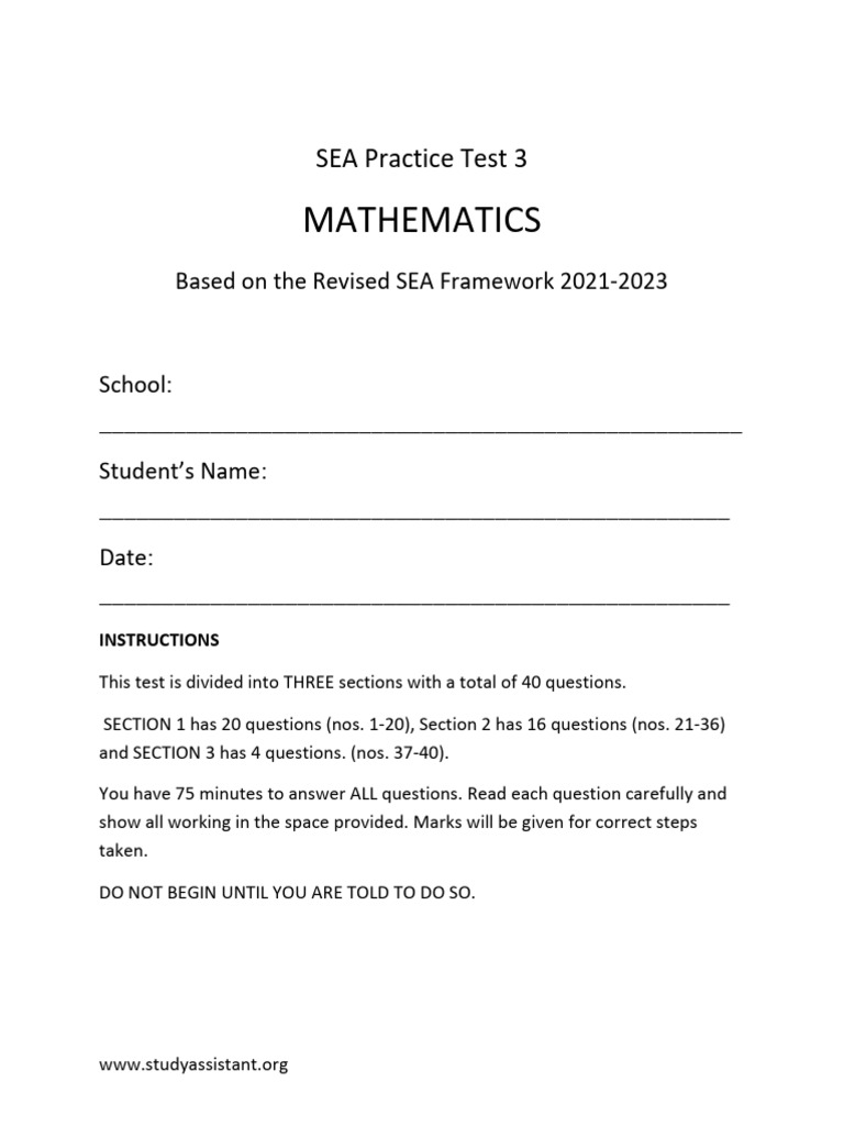 SEA Practice Test 3 Mathematics | PDF | Loans | Mathematics