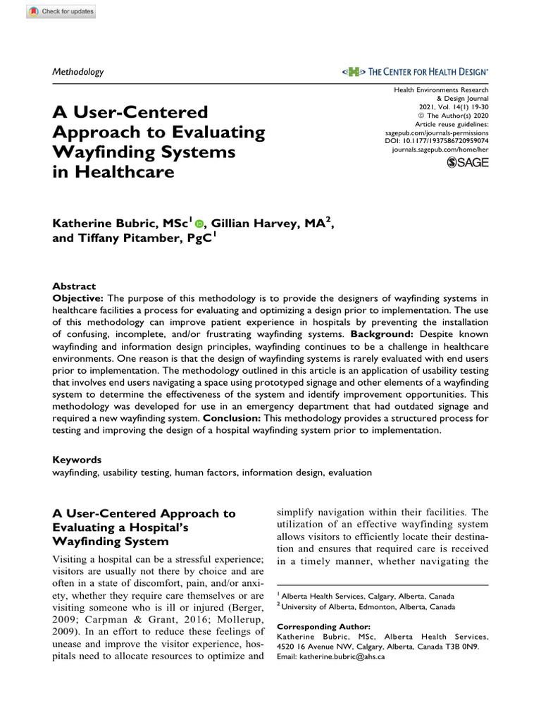 bubric-et-al-2020-a-user-centered-approach-to-evaluating-wayfinding-systems-in-healthcare | PDF ...