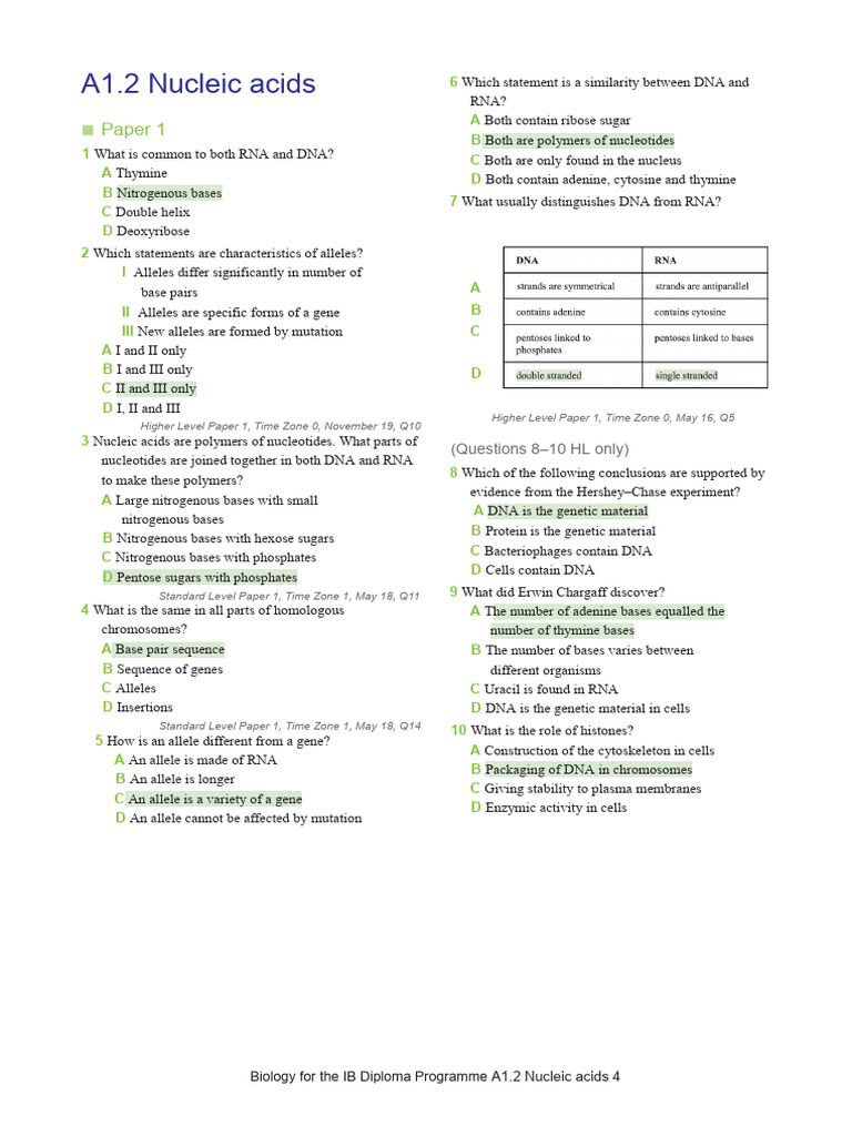 Practice Questions - Nucleic Acids SL HL | PDF | Dna | Nucleic Acids