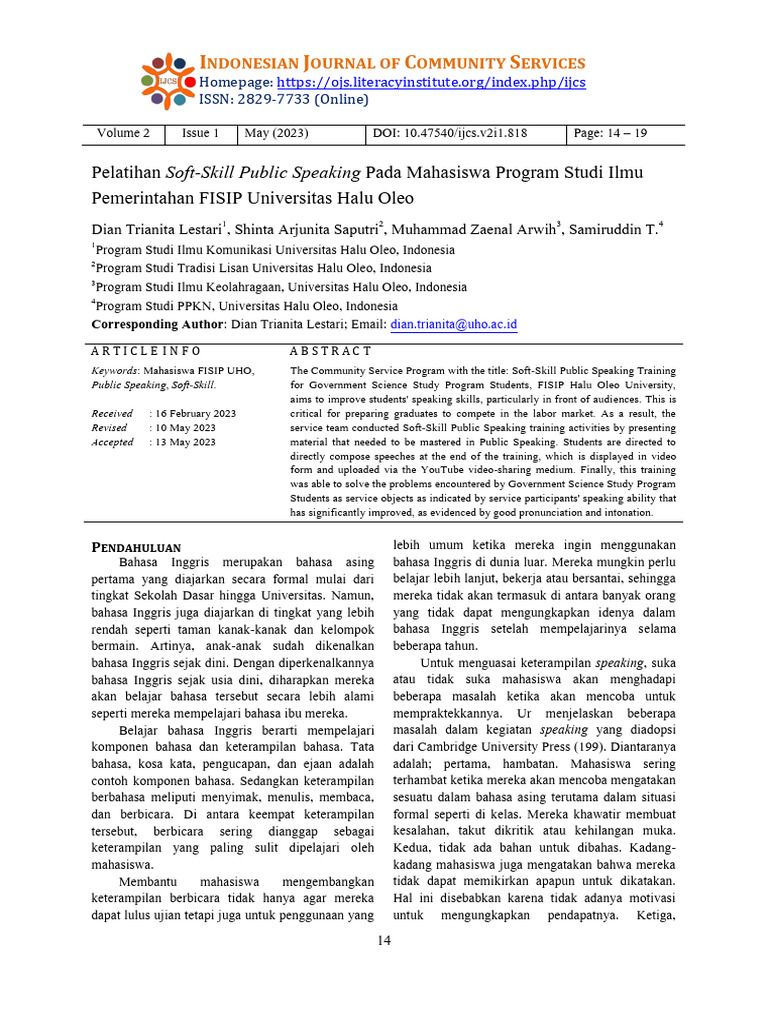 Pelatihan Soft Skill Public Speaking Pada Mahasiswa Program Studi Ilmu Pemerintahan FISIP ...
