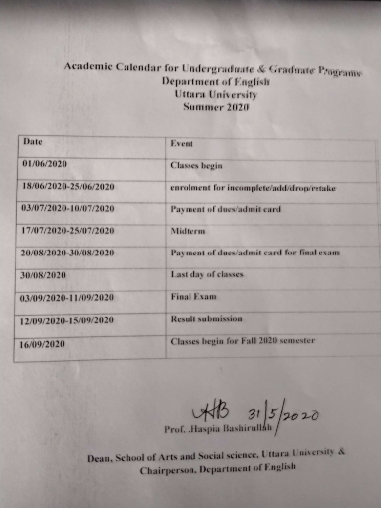 Academic Calender Summer 2020 English Dept. | PDF