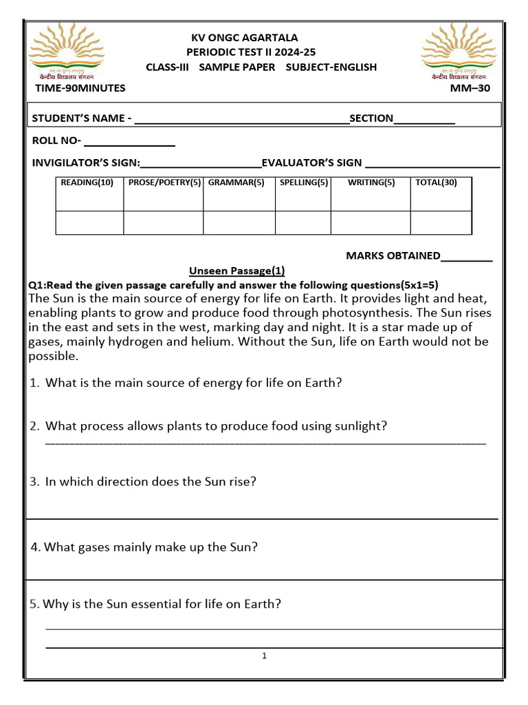 Class 3 English Sample Paper | PDF | Rainforest | Earth