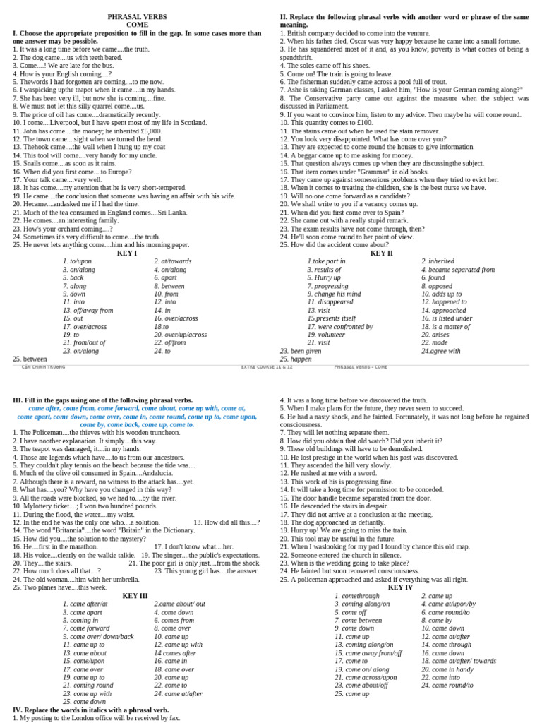 PHRASAL VERBS COME Exercises Keys | PDF
