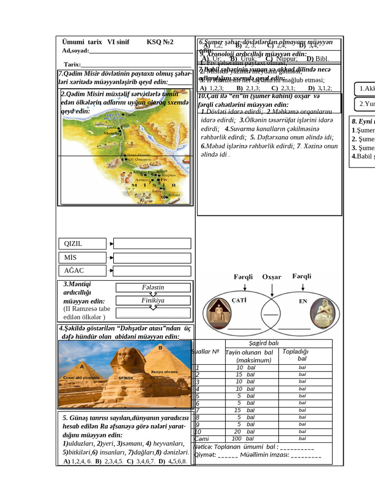 Ümumi Tarix VI Sinif KSQ 2 | PDF