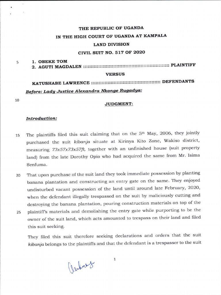 Obeke and Another V Katushabe 2025 UGHCLD 1 (6 January 2025) | PDF ...