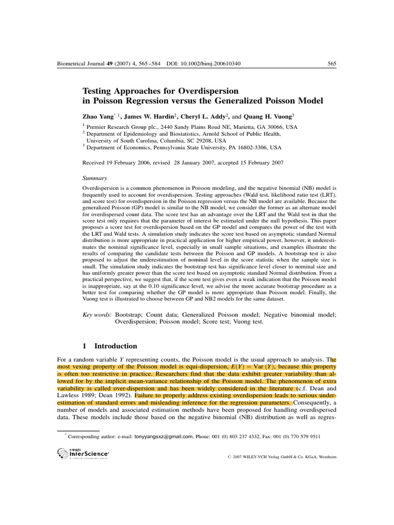 Biometrical J - 2007 - Yang - Testing Approaches For Overdispersion in ...