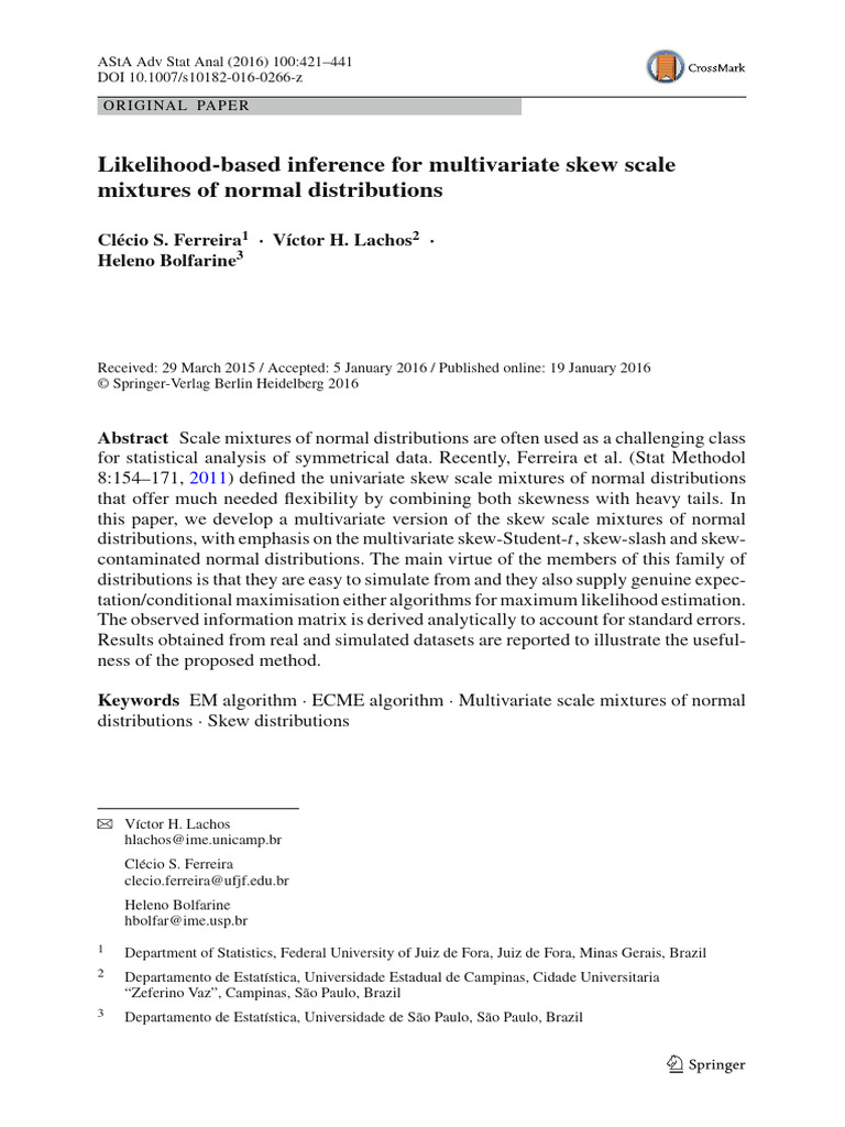 Likelihood Based Inference For Multivariate Skew Scale Mixtures Of Normal Distributions Pdf