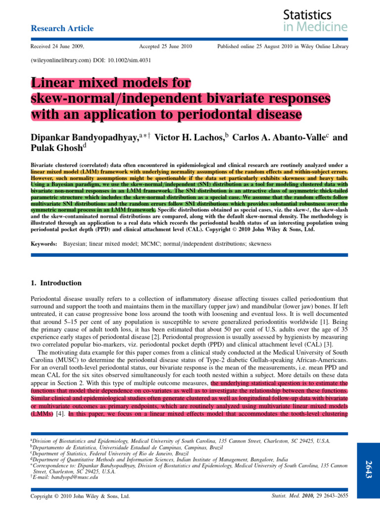 (Bandyopadhyay, 2010) Linear Mixed Models For Skew Normal Independent Bivariate Responses With ...