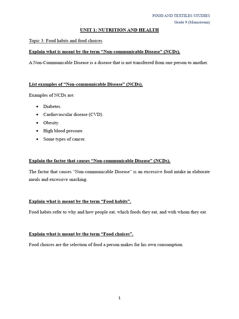 G9 Mainstream - T2 Week 1 (Lesson Notes) | PDF | Anorexia Nervosa | Eating