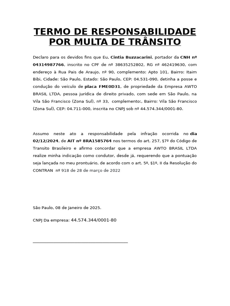 TERMO DE RESPONSABILIDADE POR MULTA DE TRÂNSITO | PDF