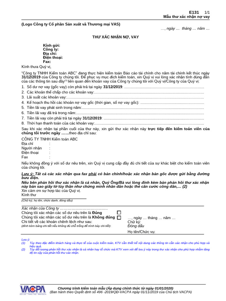 E131 - Mau Thu Xac Nhan Vay (X) | PDF