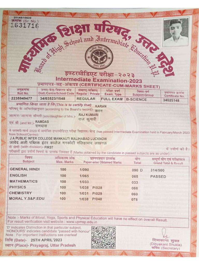 INTERMEDIATE MARKS SHEET | PDF