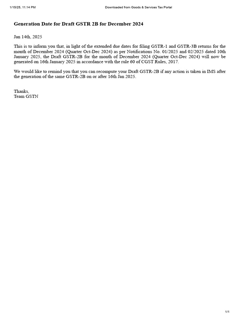 Generation Date for Draft GSTR 2B for December 2024 | PDF