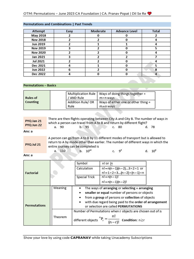 Permutations Guide for CA Foundation | PDF | Permutation | Mathematical Concepts