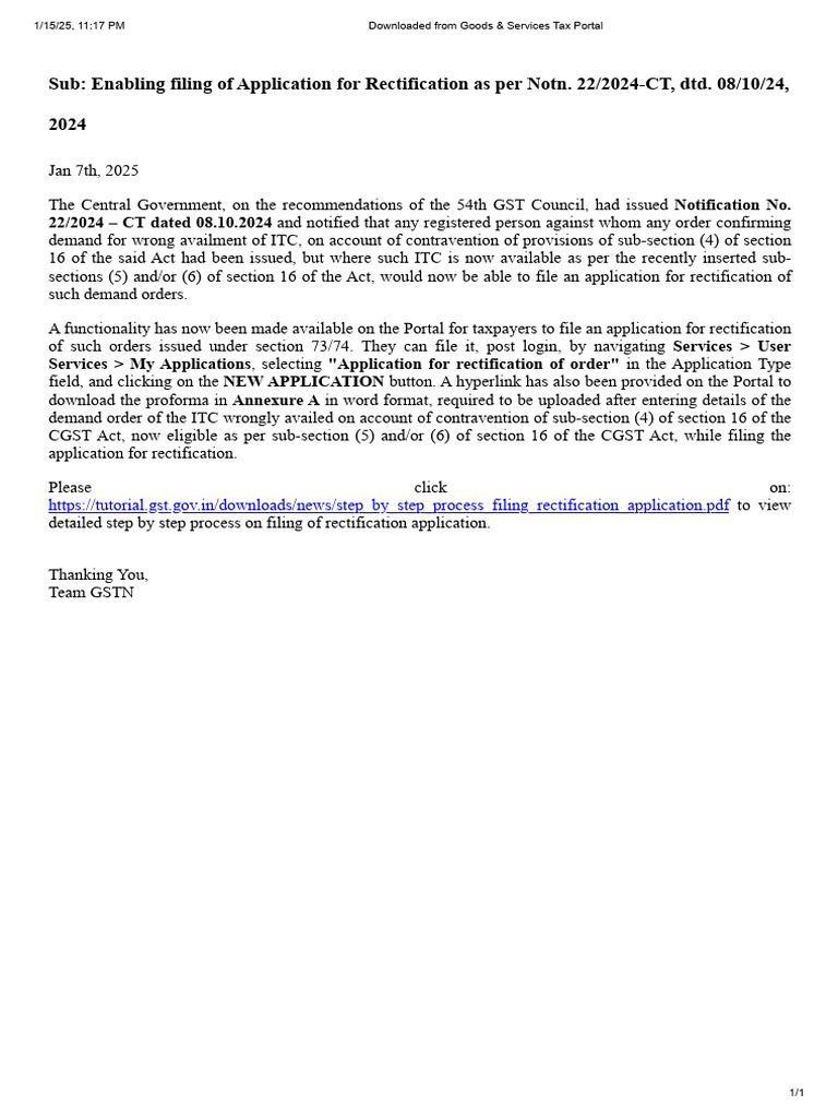 Sub-Enabling Filing of Application For Rectification As Per Notn. 22 ...