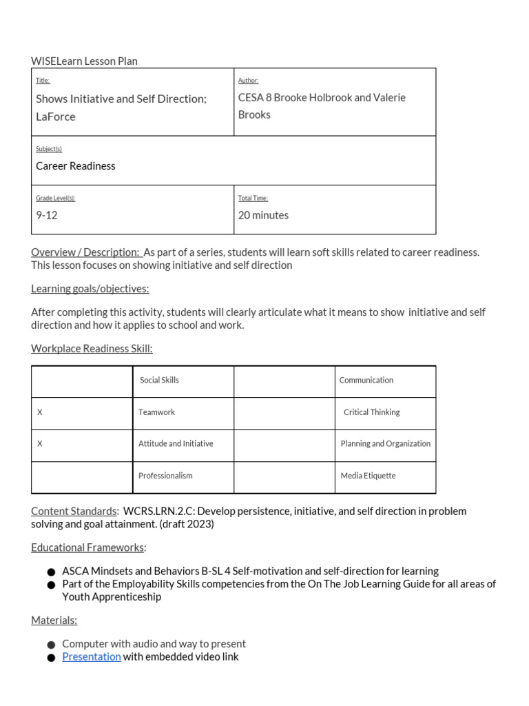 Lesson Plan - Shows Initiative and Self Direction LaForce | PDF ...