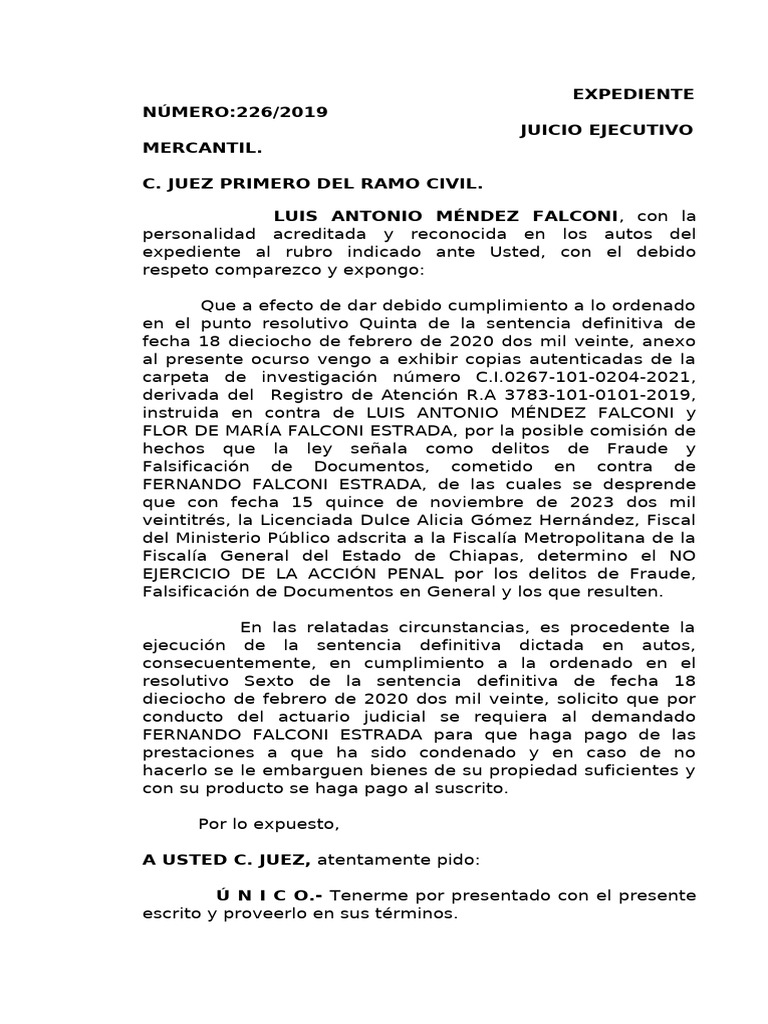 Escrito de Ejecucion de Sentencia Luis Antonio | PDF