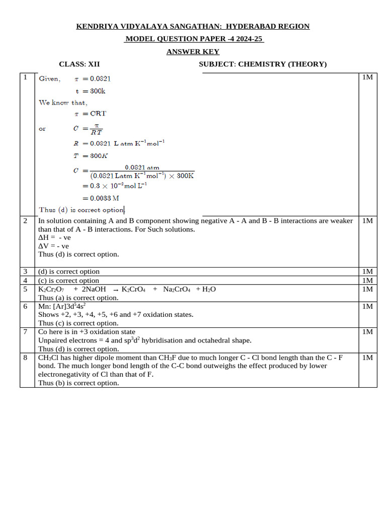 XII CHEM MQP 4 MS | PDF | Chemical Reactions | Redox