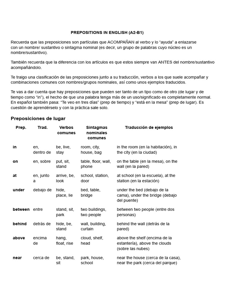 Guía de Preposiciones en Inglés A2-B1 | PDF | Preposición y Postposición | Sustantivo