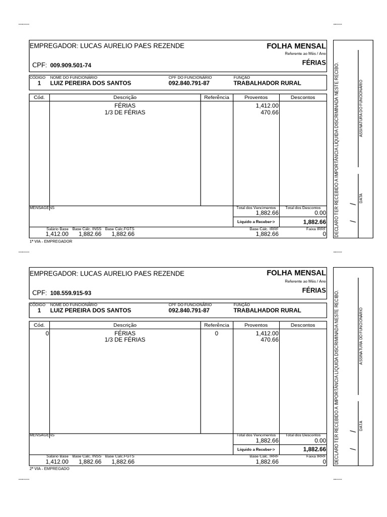 Modelo Holerite para preencheer | PDF | Férias trabalhistas | Lei Trabalhista