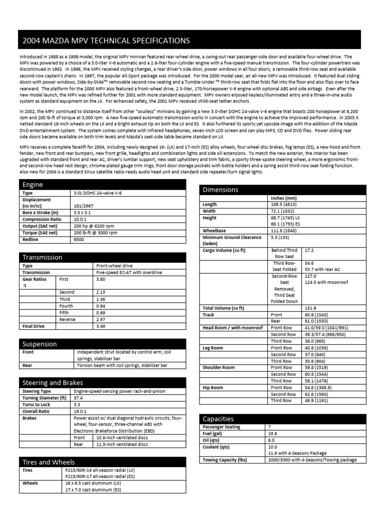 2004 MPV Spec Sheet Final | PDF | Car Body Styles | Motor Vehicle