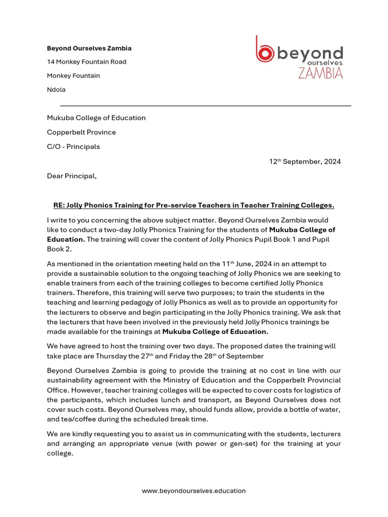 Letter for training students - Mukuba College of Ed | PDF