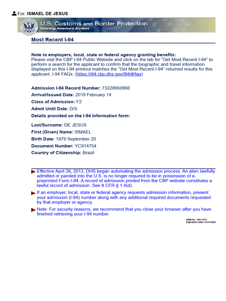 Most Recent I-94 Information for Ismael | PDF