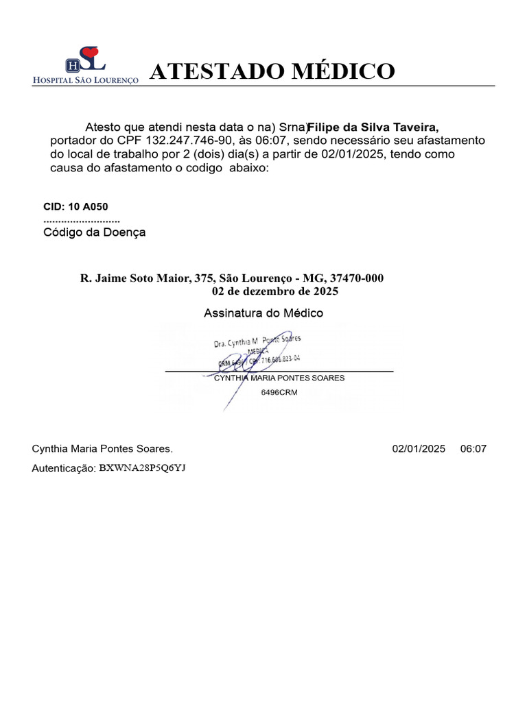 Atestado Médico para Afastamento de Trabalho | PDF