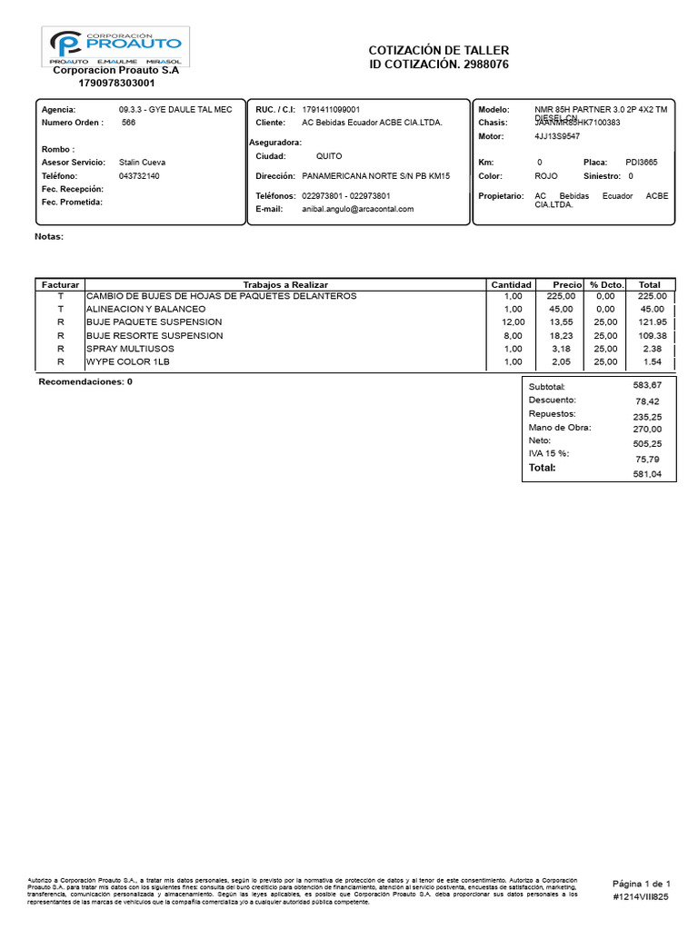 Cotización Taller AC Bebidas Ecuador | PDF